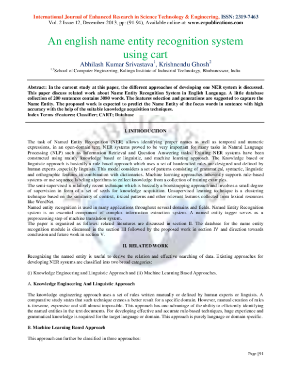 (PDF) An English Name Entity Recognition System Using CART
