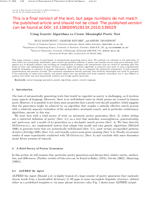 (PDF) Using genetic algorithms to create meaningful poetic text