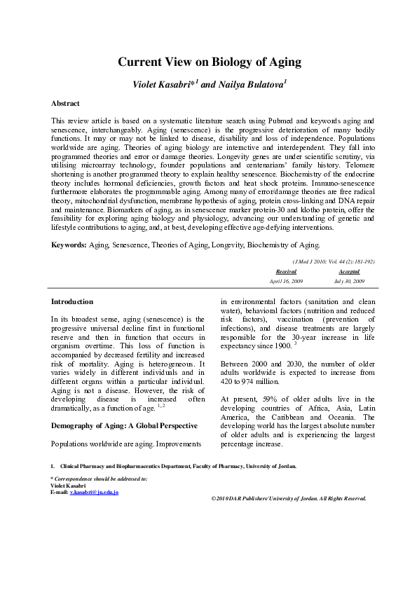 (PDF) Current view on biology of aging-Review article