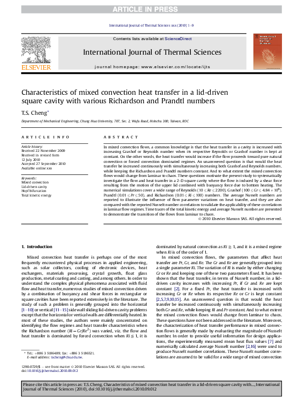 Pdf Characteristics Of Mixed Convection Heat Transfer In A Lid Driven Square Cavity With 