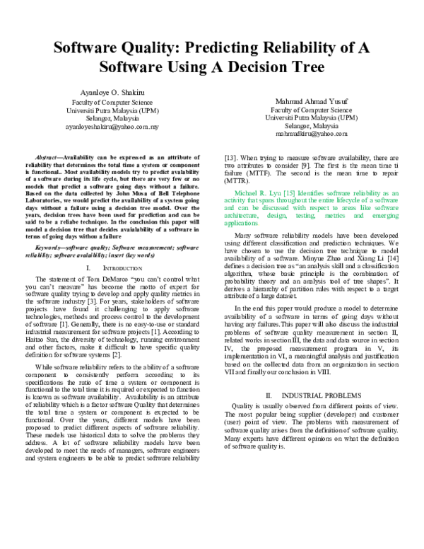 (PDF) Software Quality: Predicting Reliability of A Software Using A Decision Tree
