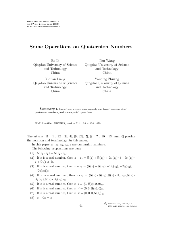 (PDF) Some Operations on Quaternion Numbers