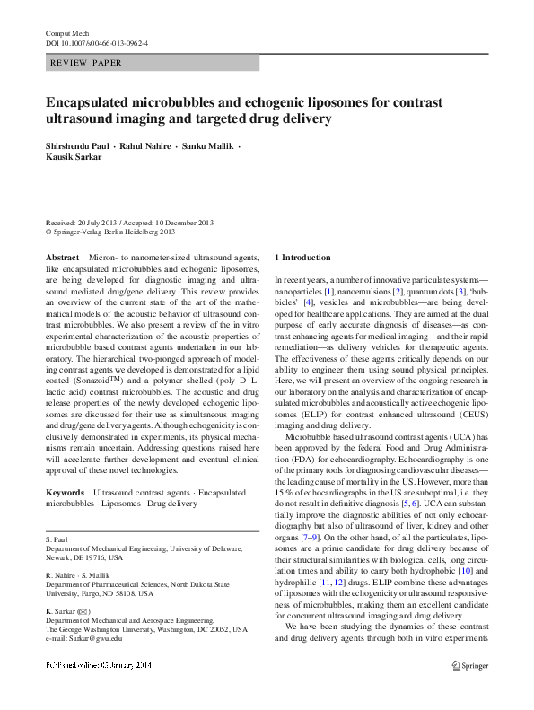 (PDF) Encapsulated microbubbles and echogenic liposomes for contrast ...