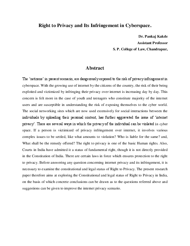 (PDF) Right to Privacy and Its Infringement in Cyberspace