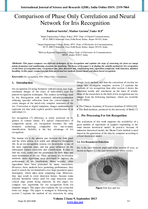 Pdf Comparison Of Phase Only Correlation And Neural Network For Iris Recognition