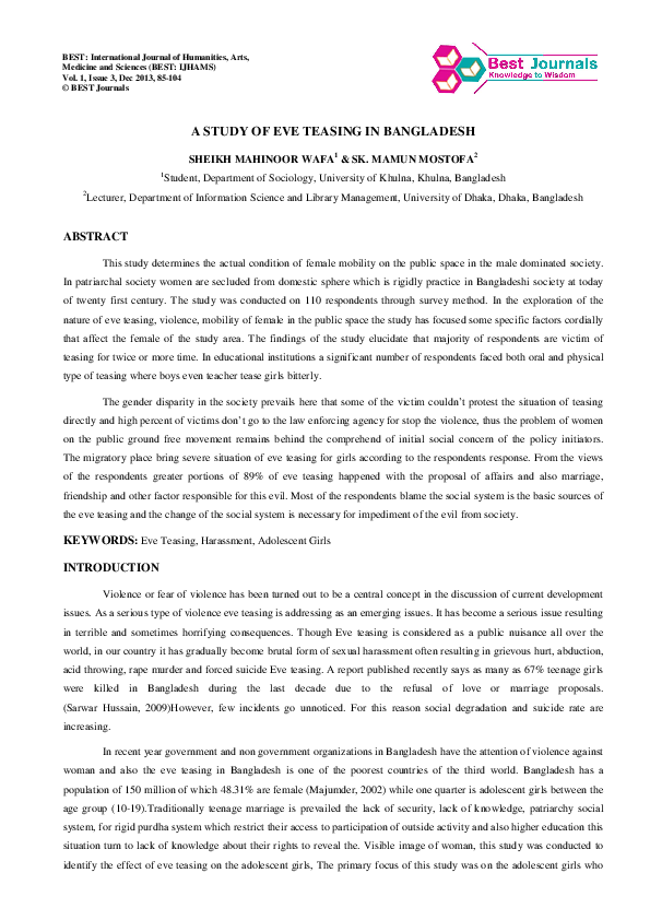 (PDF) A STUDY OF EVE TEASING IN BANGLADESH