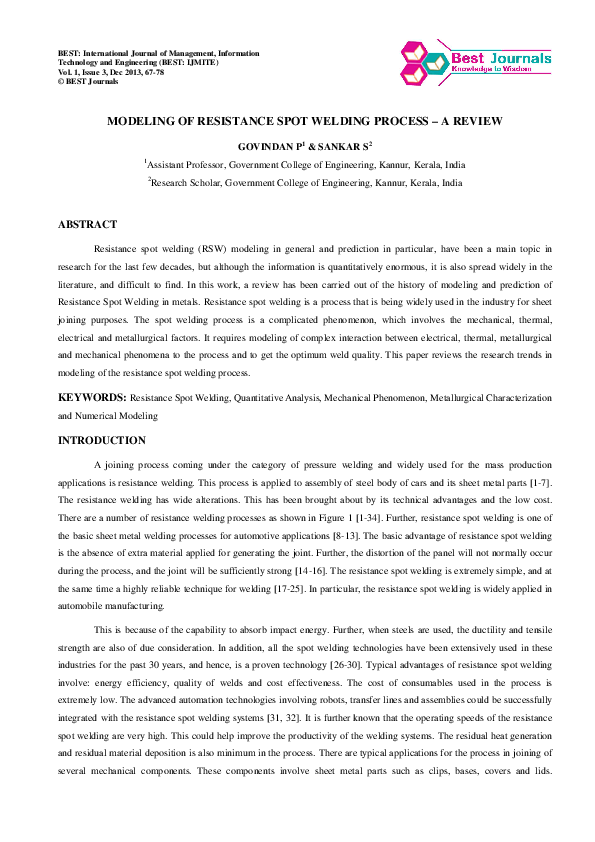 Pdf Modeling Of Resistance Spot Welding Process A Review