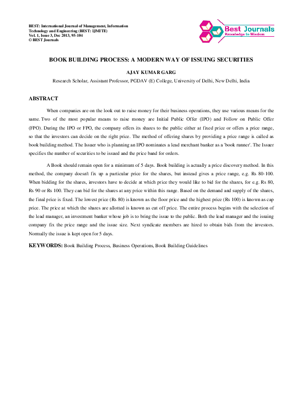 (PDF) BOOK BUILDING PROCESS: A MODERN WAY OF ISSUING SECURITIES