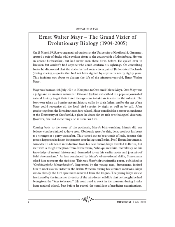 (PDF) Ernst Walter Mayr—The grand vizier of evolutionary biology (1904–2005