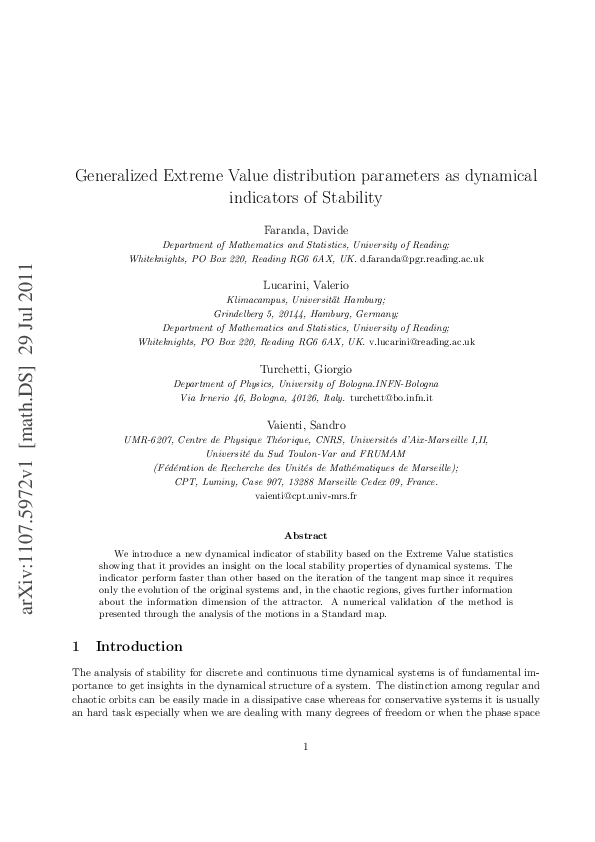 (PDF) Generalized Extreme Value distribution parameters as dynamical indicators of Stability