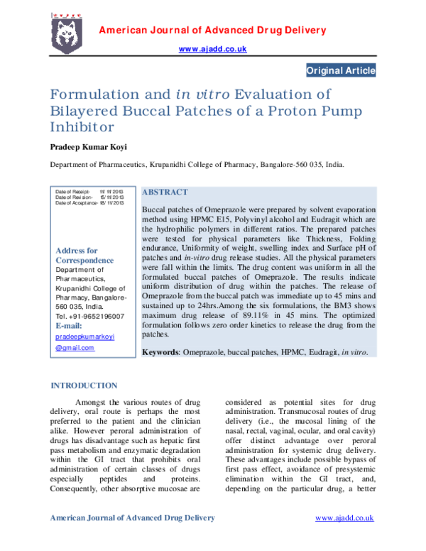 (PDF) Formulation and in vitro Evaluation of Bilayered Buccal Patches ...
