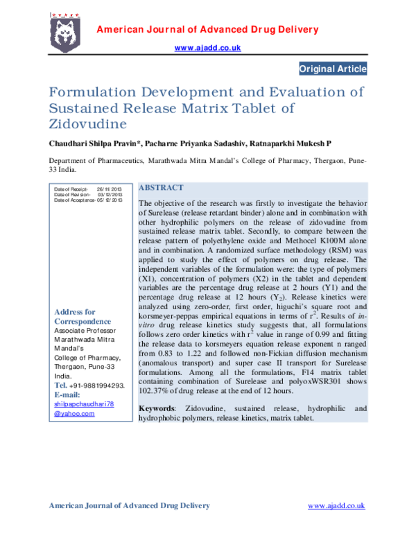 Pdf Formulation Development And Evaluation Of Sustained Release Matrix Tablet Of Zidovudine