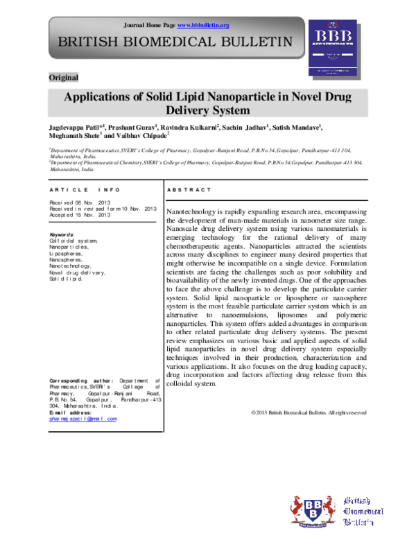 (PDF) Applications of Solid Lipid Nanoparticle in Novel Drug Delivery ...