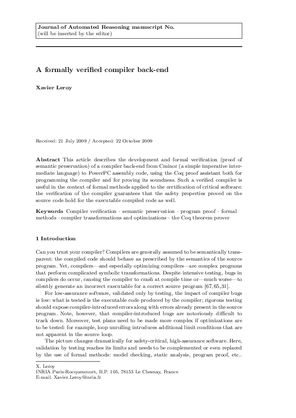 A Formally Verified Compiler Back End 