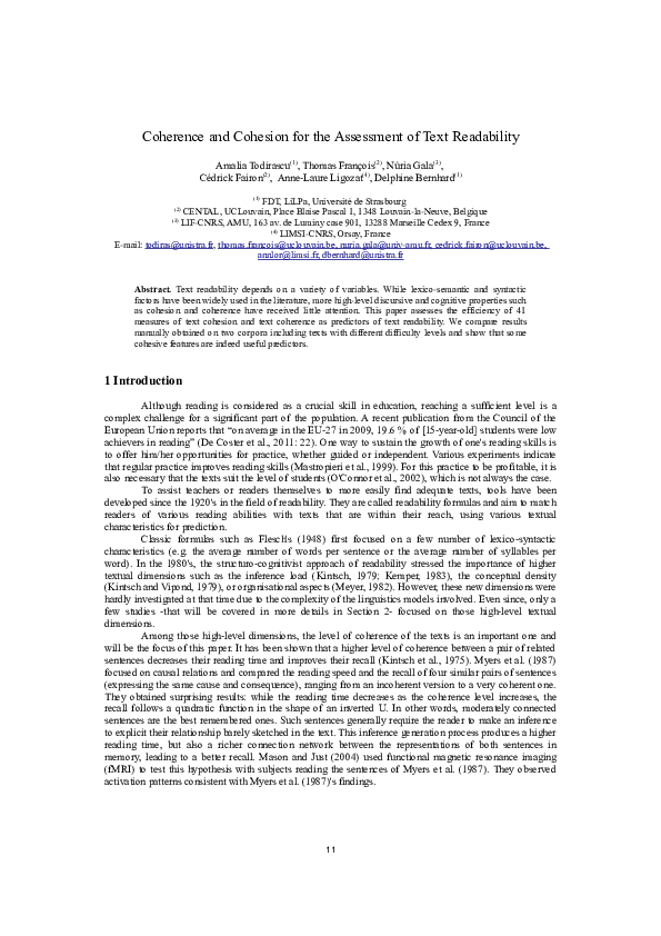(PDF) Coherence and Cohesion for the Assessment of Text Readability
