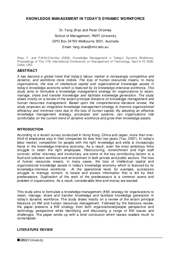 (PDF) Knowledge Management in Today’s Dynamic Workforce