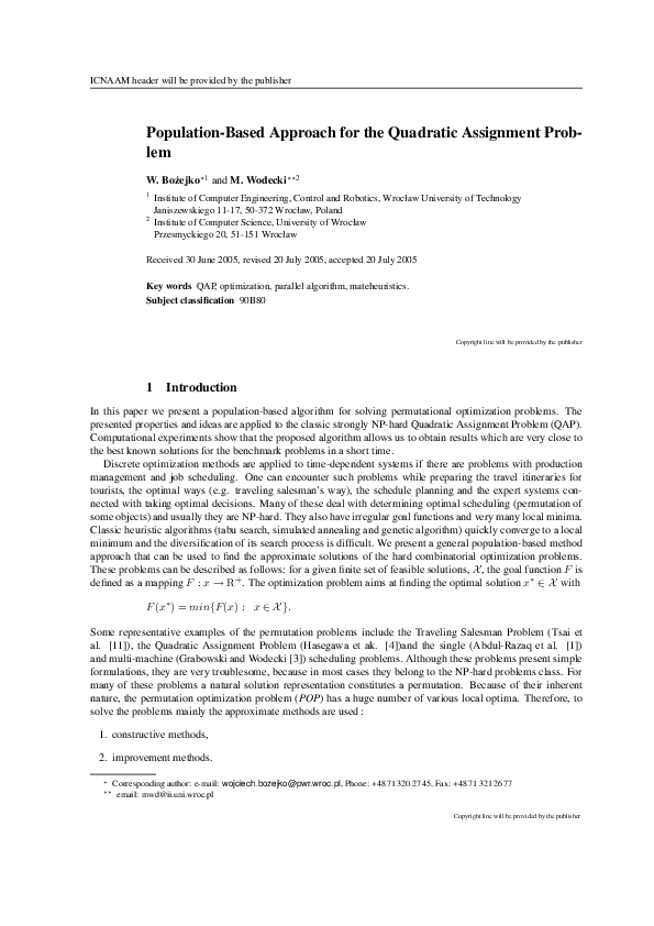 Population-Based Approach for the Quadratic Assignment Problem