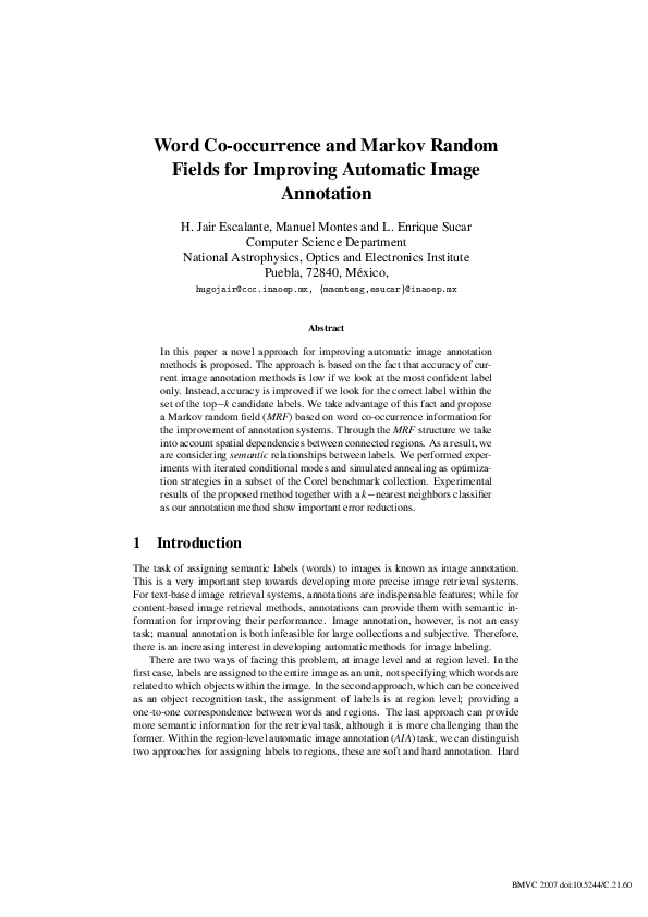 (PDF) Word Co-occurrence and Markov Random Fields for Improving Automatic Image Annotation