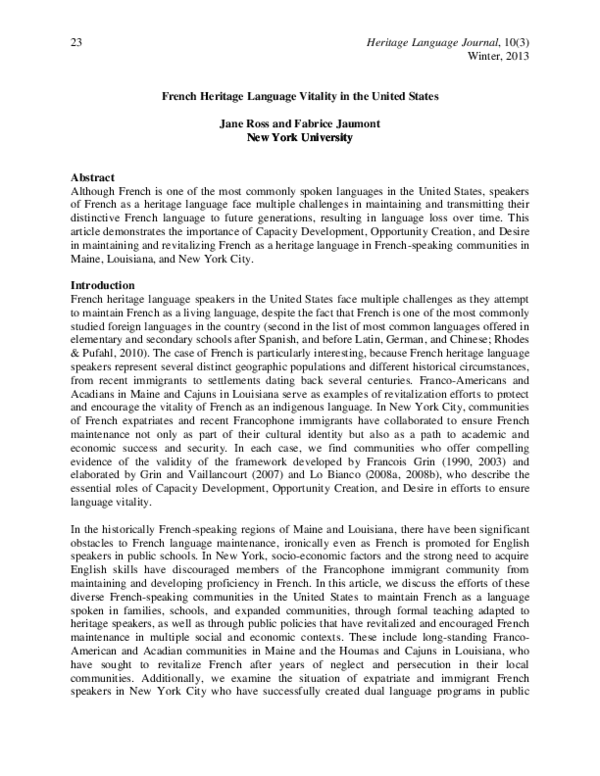(PDF) French Language Vitality in the US (Heritage Language Journal)