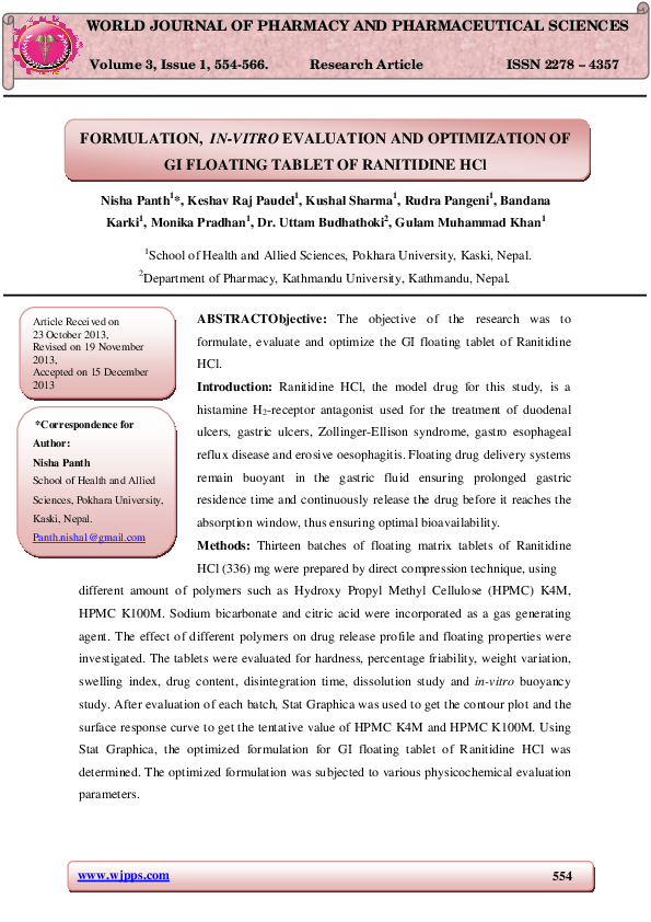 Pdf Formulation In Vitro Evaluation And Optimization Of Gi Floating