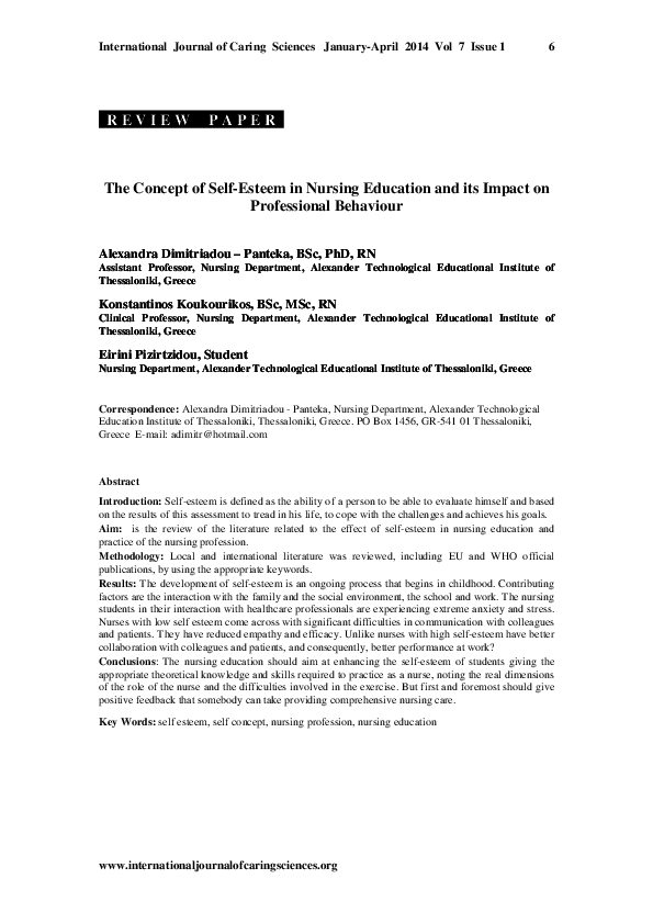(PDF) The Concept of Self Esteem in Nursing Education and its Impact on Professional Behaviour