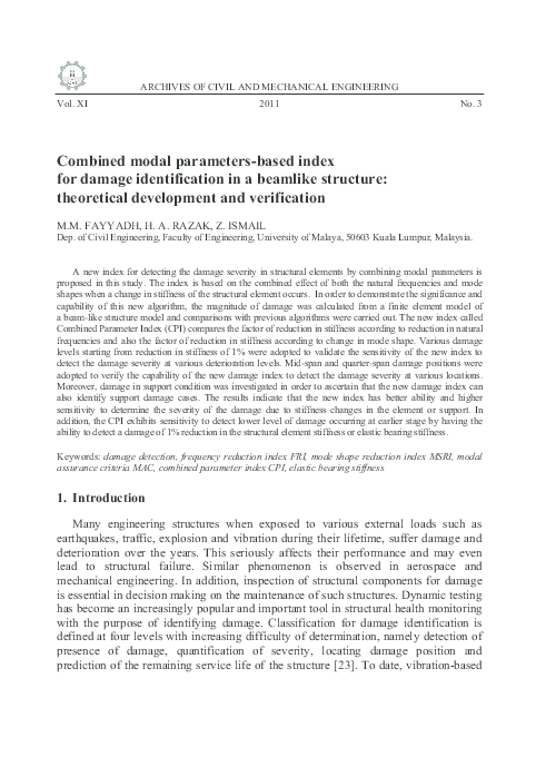 (PDF) Combined modal parameters-based index for damage identification in a beamlike structure ...