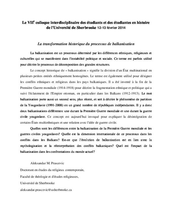(PDF) La transformation historique du processus de balkanisation