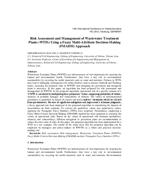(PDF) Risk management and Assessment of Wastewater Treatment Plants ...