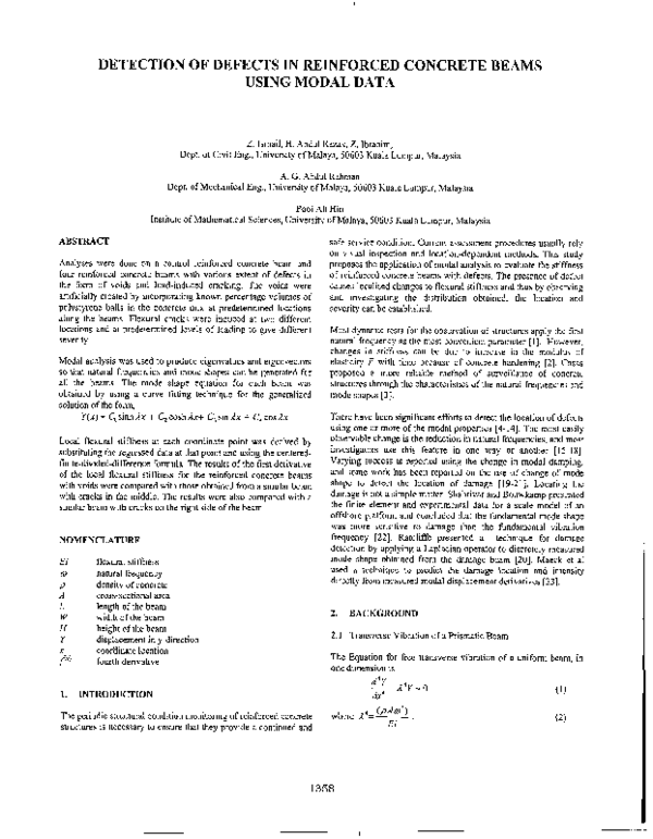 Pdf Detection Of Defects In Reinforced Concrete Beams Using Modal Data