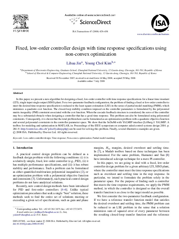 Pdf Fixed Low Order Controller Design With Time Response Specifications Using Non Convex 