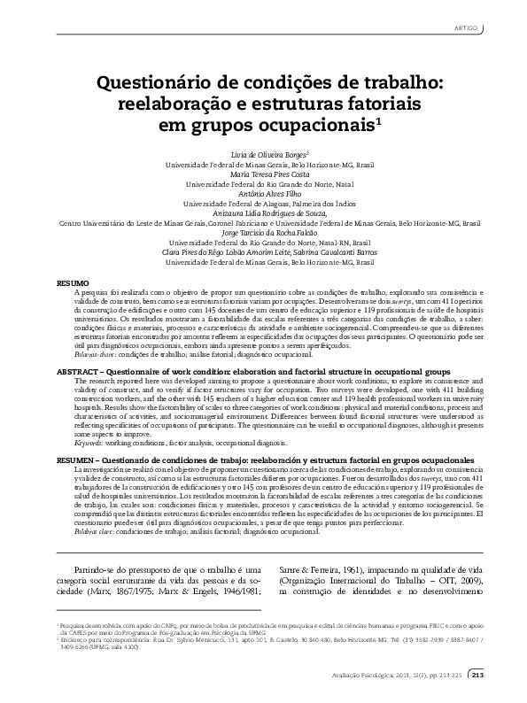 (PDF) Questionnaire of work condition: elaboration and factorial ...
