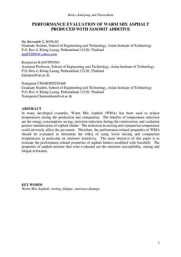 (PDF) Performance Evaluation of Warm Mix Asphalt Produced with Sasobit ...