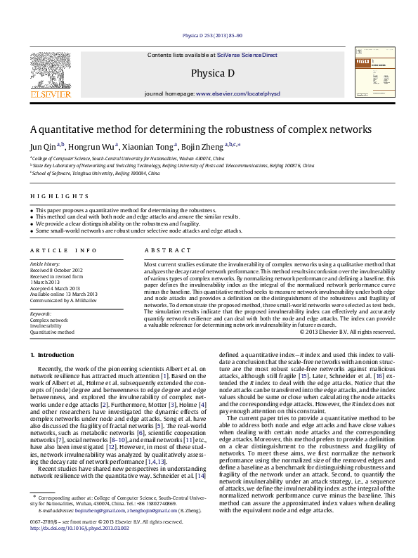 Pdf A Quantitative Method For Determining The Robustness Of Complex Networks