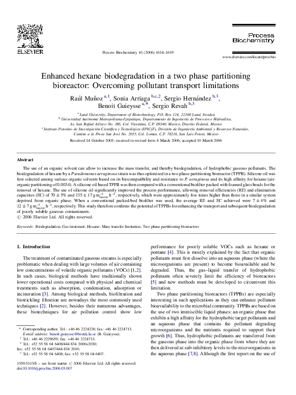 (PDF) Enhanced hexane biodegradation in a two phase partitioning ...