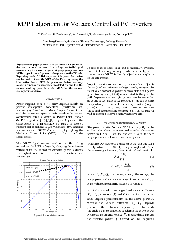 Pdf Mppt Algorithm For Voltage Controlled Pv Inverters
