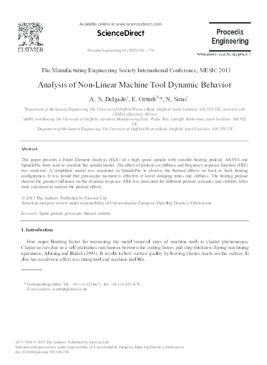 Pdf Analysis Of Non Linear Machine Tool Dynamic Behavior