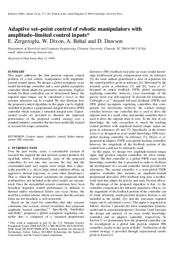 (PDF) Adaptive set–point control of robotic manipulators with amplitude ...