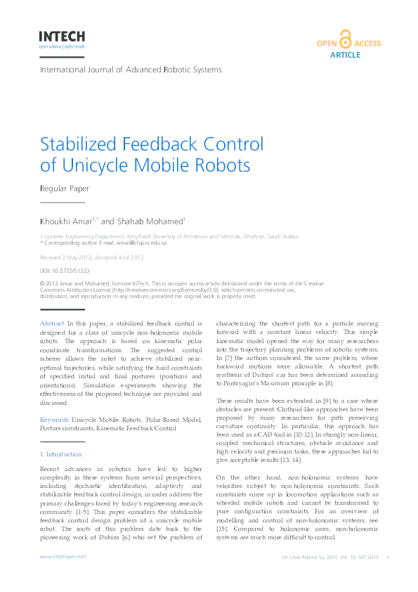 (PDF) In Tech-Stabilized feedback control of unicycle mobile robots