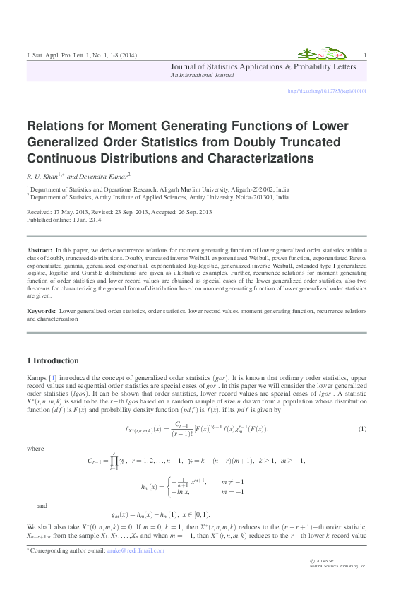 Pdf Relations For Moment Generating Functions Of Lower Generalized