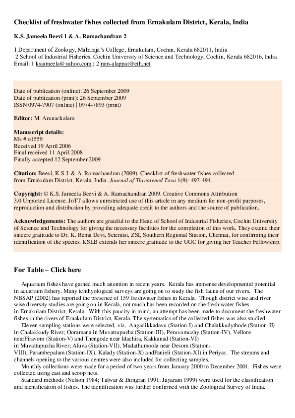 (PDF) Checklist of freshwater fishes collected from