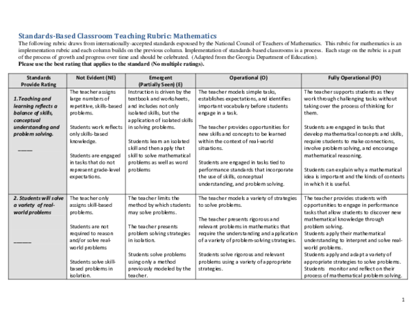 (DOC) Teaching and Learning in the Mathematics Classroom Rubric and ...
