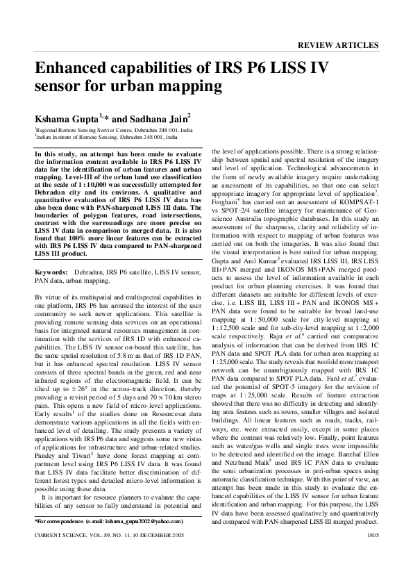 (PDF) Enhanced capabilities of IRS P6 LISS IV sensor for urban mapping