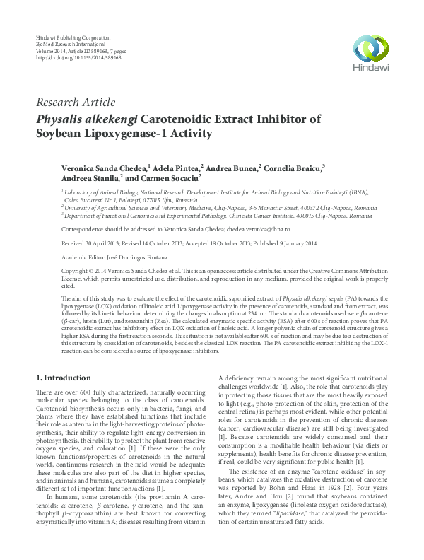 Pdf Physalis Alkekengi Carotenoidic Extract Inhibitor Of Soybean Lipoxygenase 1 Activity