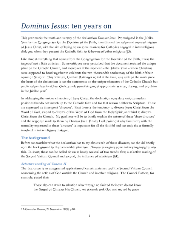 (PDF) Dominus Iesus: Ten Years On