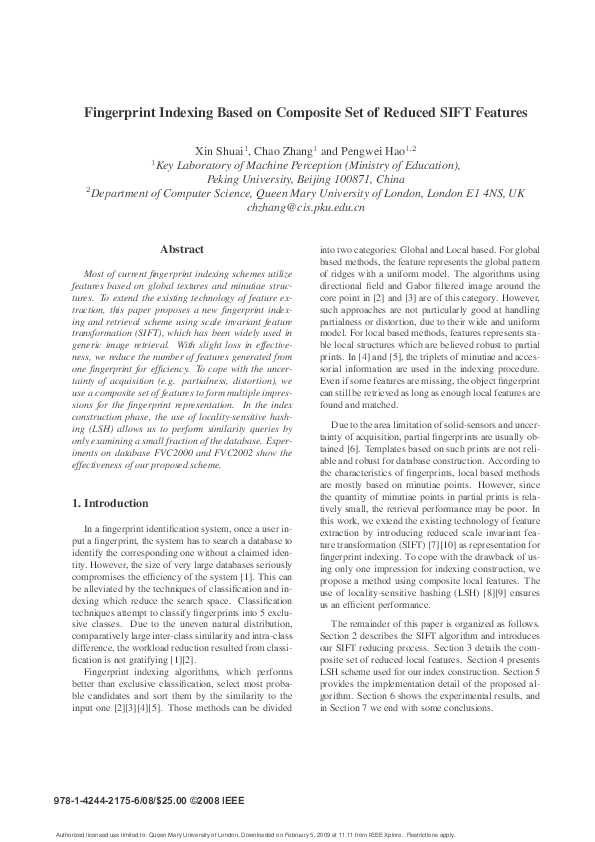 Pdf Fingerprint Indexing Based On Composite Set Of Reduced Sift Features