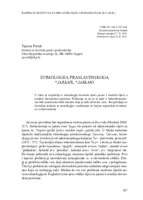 (PDF) Etimologija praslavenskoga *jarьmъ,* jarьmo // The etymology of ...