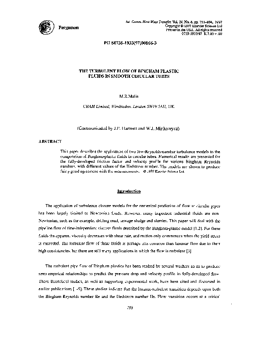 (PDF) THE TURBULENT FLOW OF BINGHAM PLASTIC FLUIDS IN SMOOTH CIRCULAR TUBES