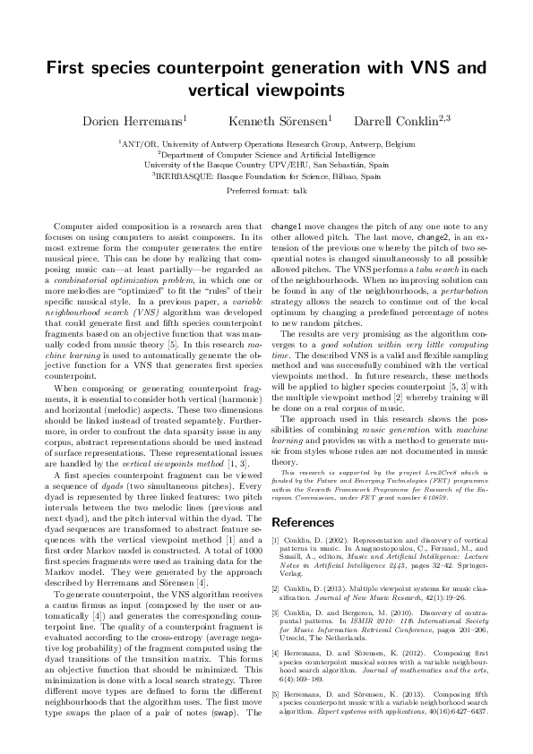 (PDF) First species counterpoint generation with VNS and vertical ...