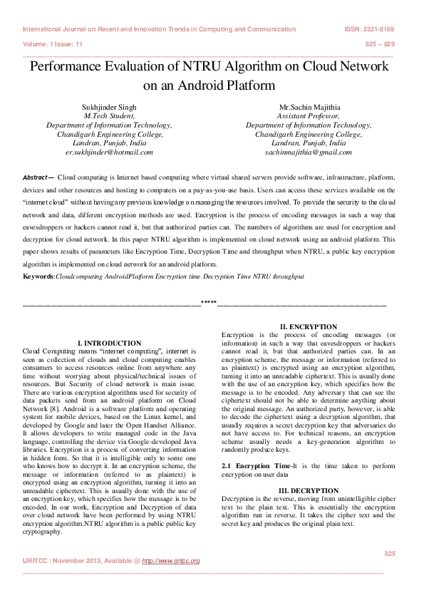 Pdf Performance Evaluation Of Ntru Algorithm On Cloud Network On An Android Platform