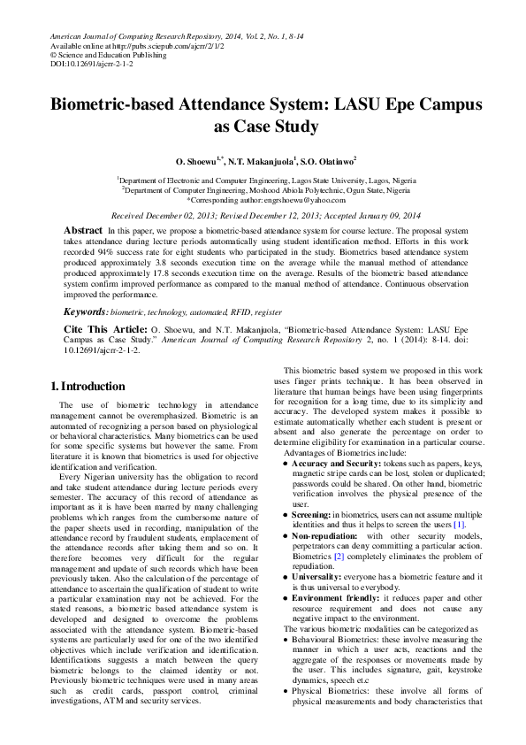 (PDF) Biometric-Based Attendance System: LASU Epe Campus as Case study